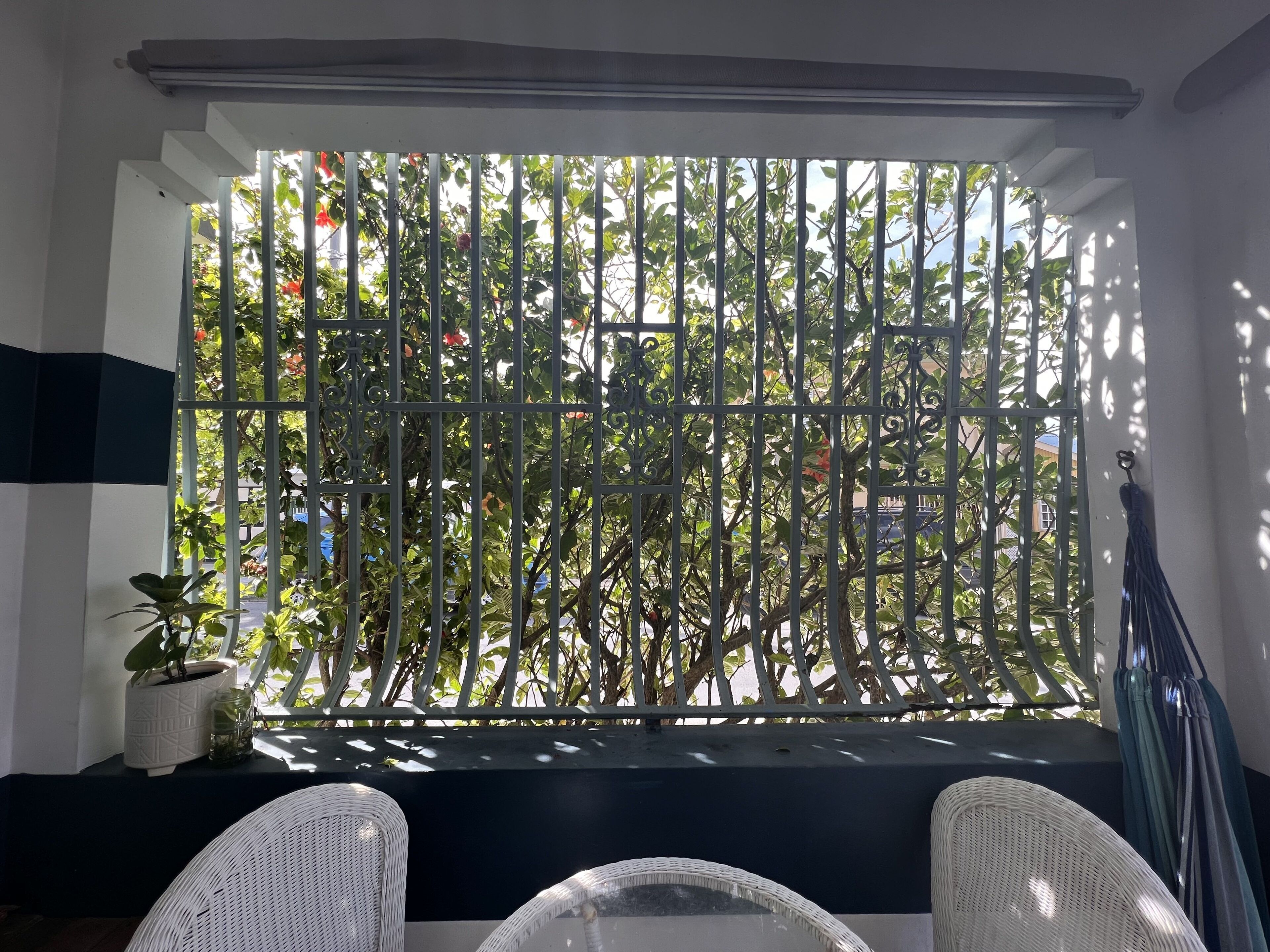 Quarto com uma janela grande, cadeiras de vime branco, uma mesinha e um vaso de planta.