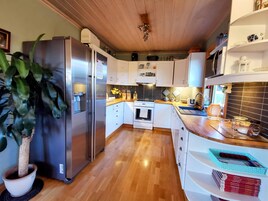 Um frigorífico/congelador grande, um micro-ondas, um forno 