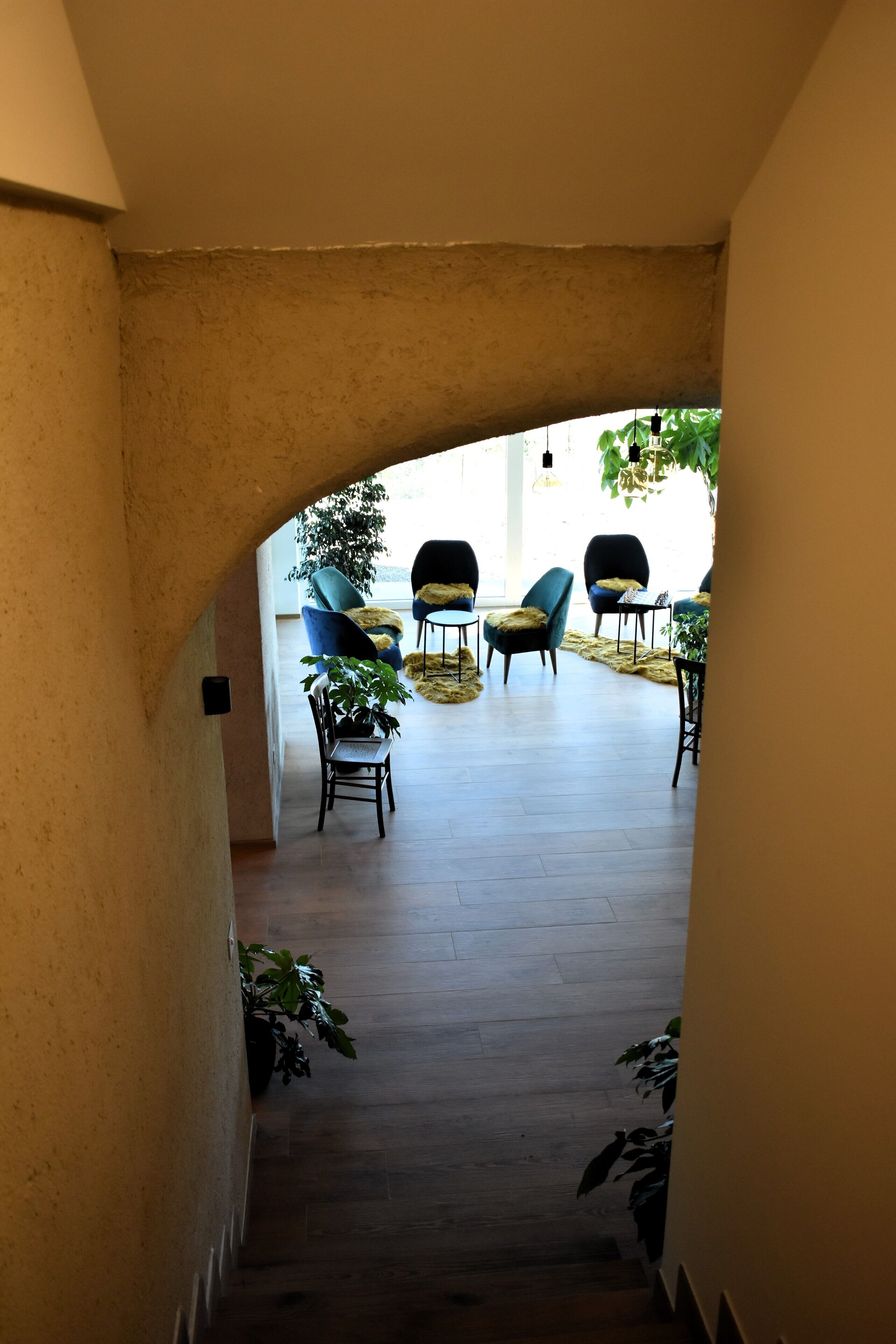 Um corredor com piso de madeira que leva a uma área de estar com cadeiras e plantas em vasos.