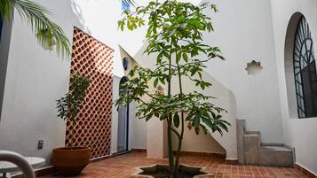 Um pátio com uma planta em vaso, uma escadaria e uma parede com padrão geométrico.