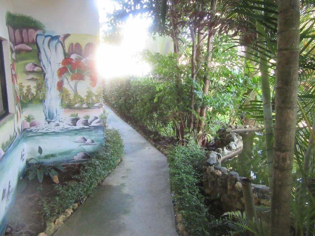 Um caminho ladeado por vegetação exuberante e um mural retratando uma cachoeira e vida aquática.