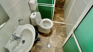 Casa de banho com lavatório branco, sanita e zona de chuveiro.