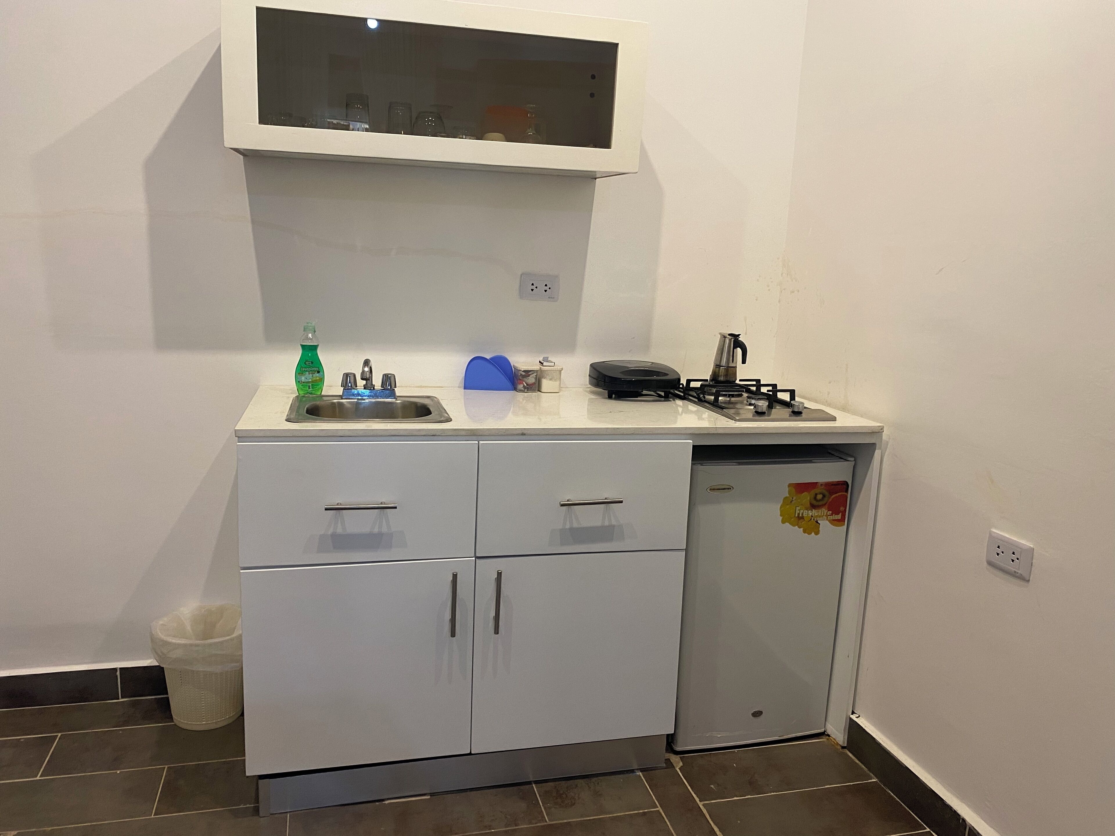 Uma cozinha compacta com pia, fogão a gás, geladeira e lixeira.