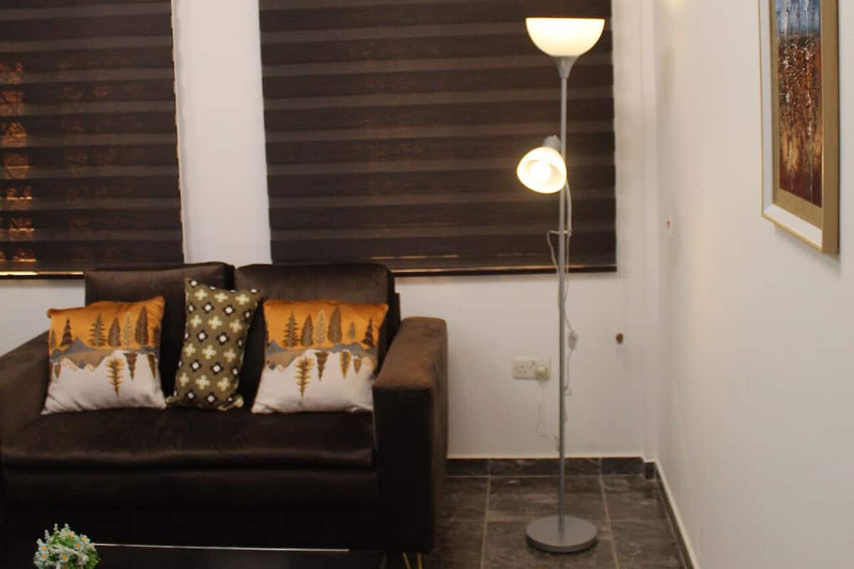 Uma sala de estar com um sofá marrom escuro, almofadas estampadas, uma mesinha com uma planta, um abajur e um quadro na parede.