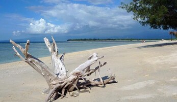 Na praia, areia branca, espreguiçadeiras, guarda-sóis