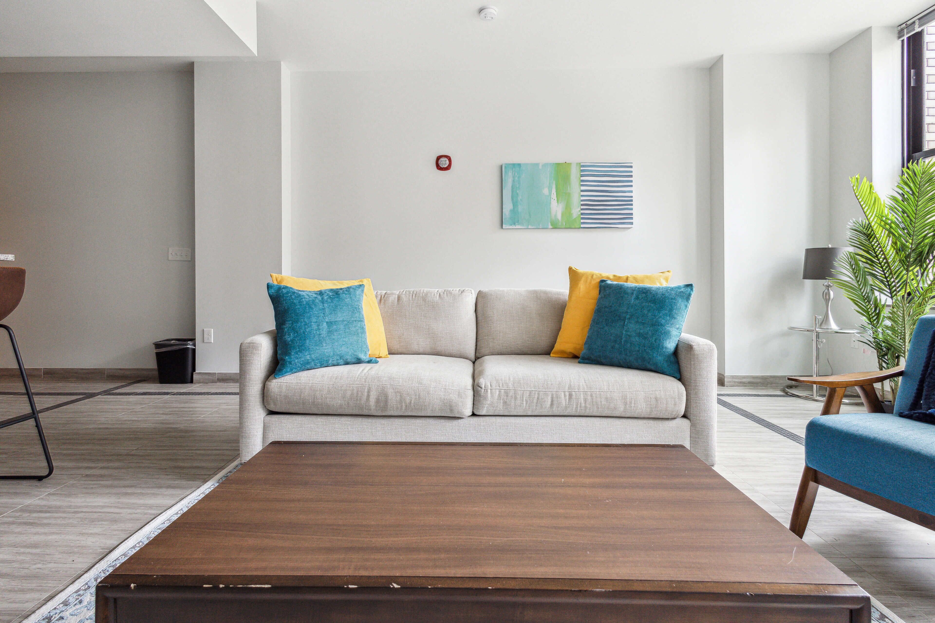 Uma sala de estar moderna com um sofá, mesa de centro e uma planta em vaso.