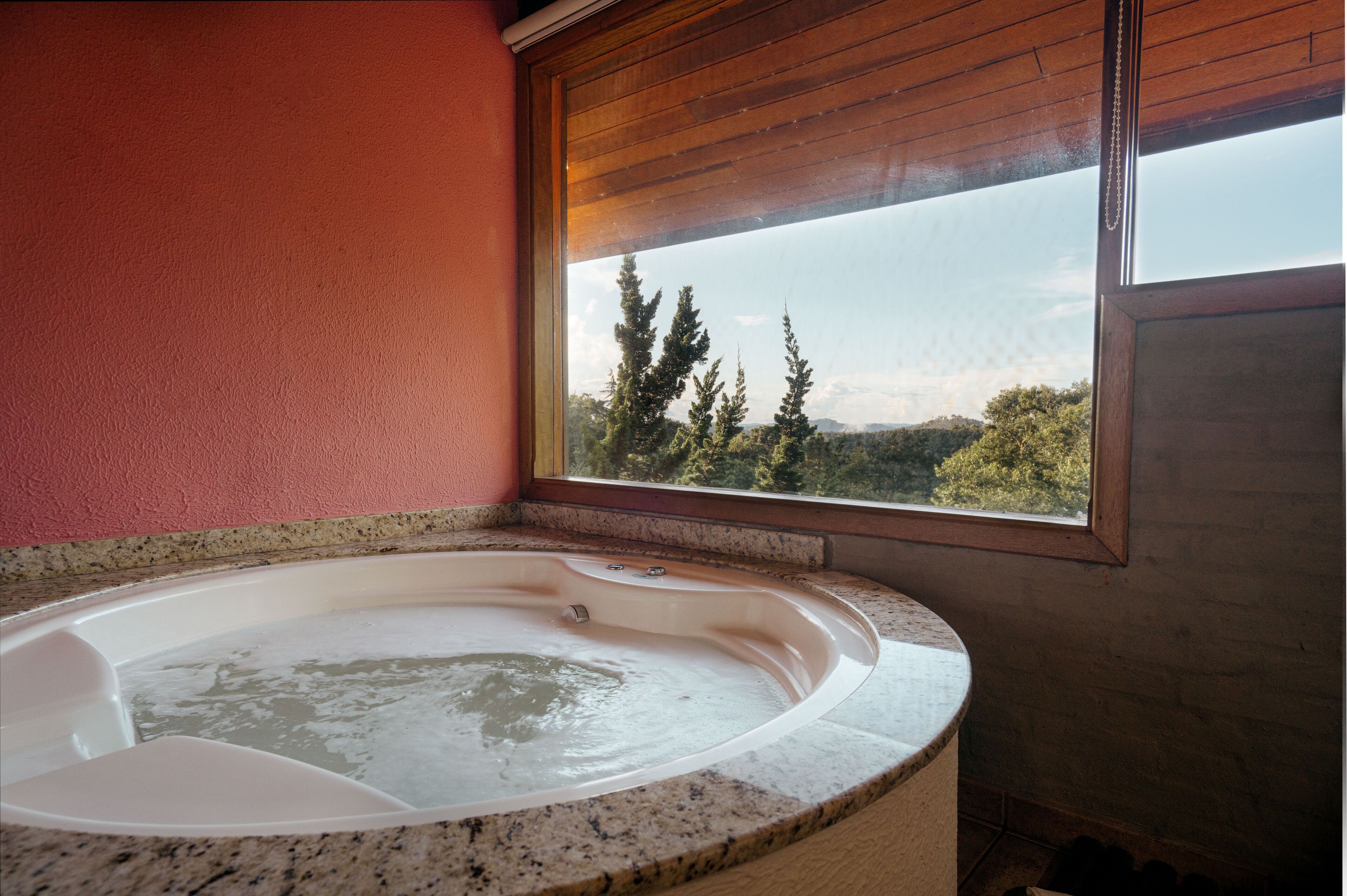 Um banheiro com uma banheira grande, uma janela com vista para árvores e teto de madeira.