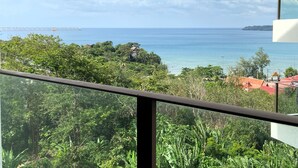 Uma varanda com vista para uma paisagem tropical, incluindo vegetação densa e o mar ao longe.