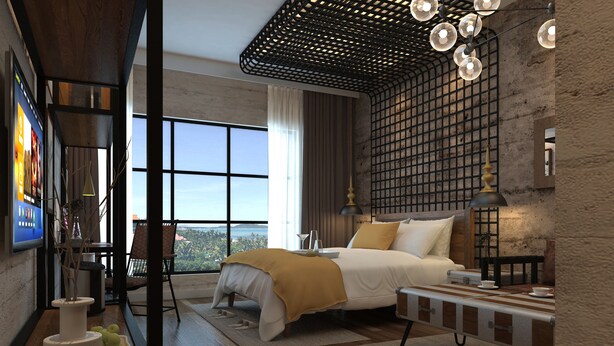 Quarto moderno com uma janela grande, cama com um cobertor amarelo, escrivaninha com um computador e um design de teto único.