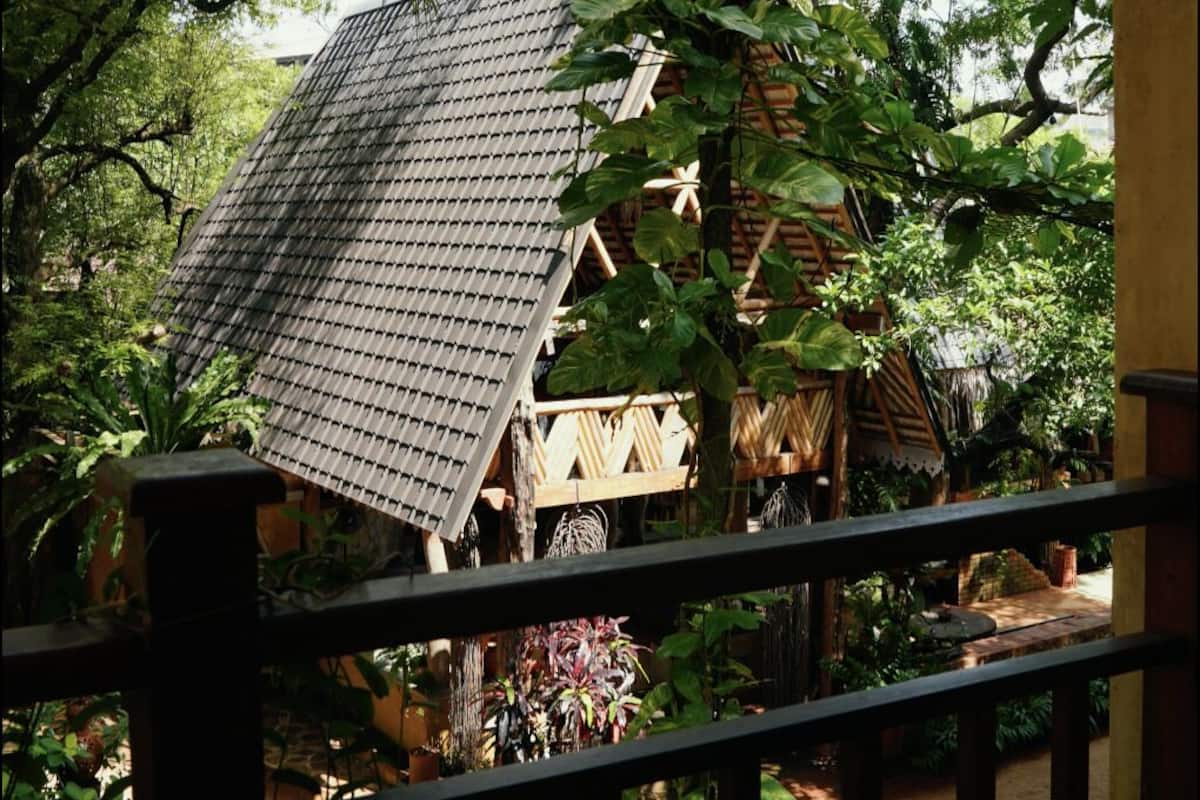 Uma casa tradicional com telhado de telhas e rodeada por vegetação exuberante.