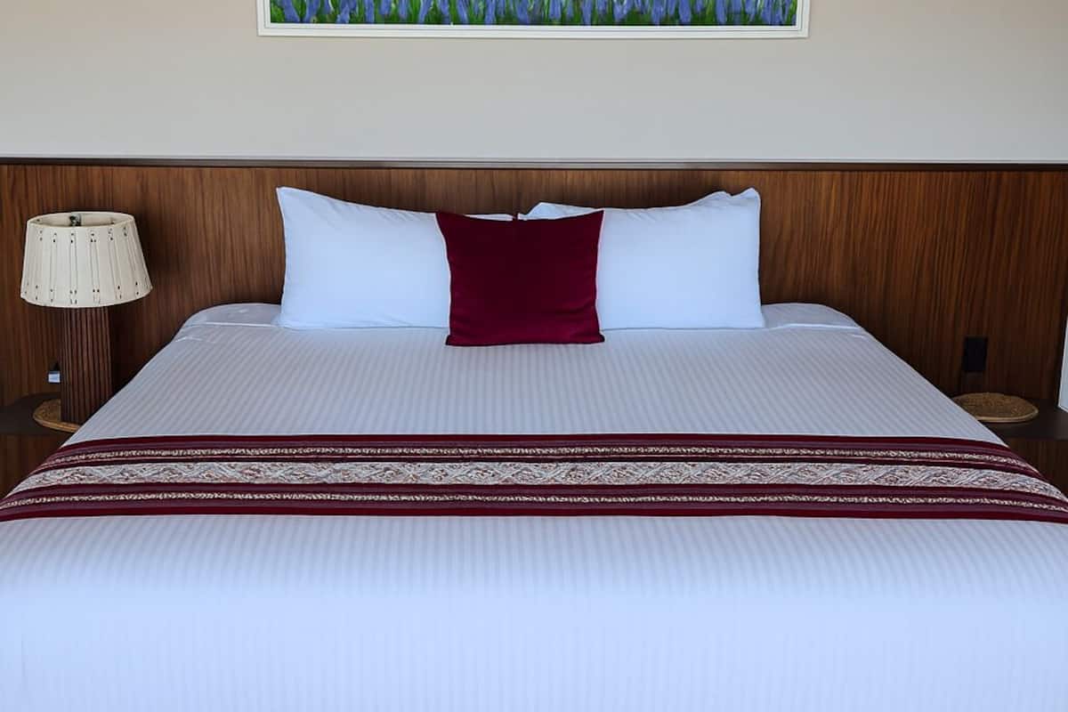 Quarto de hotel com uma cama grande, cabeceira de madeira, mesa de cabeceira com abajur e um quadro com vista para grama alta na parede.