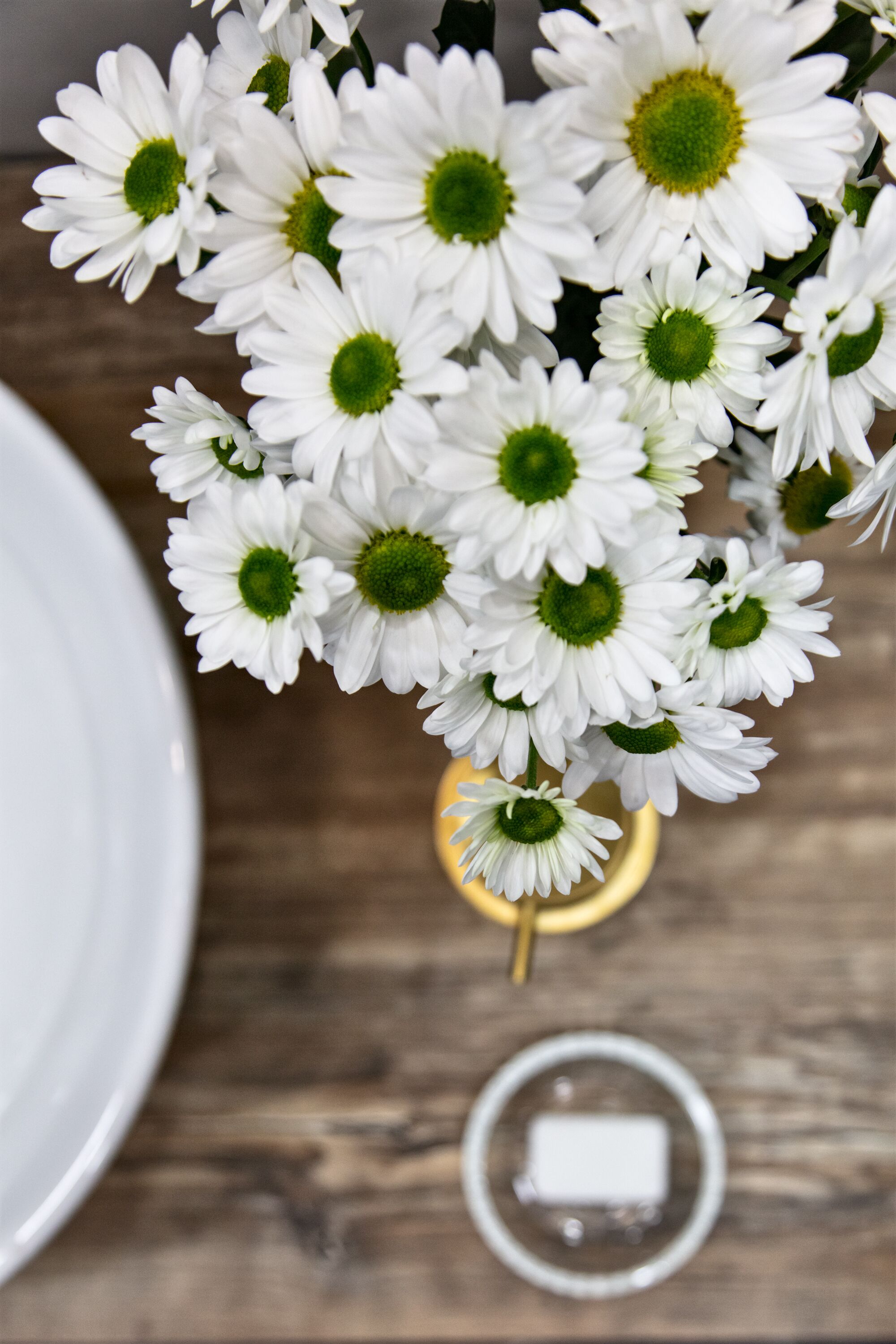 Um vaso branco com base dourada contendo flores brancas com centros verdes.
