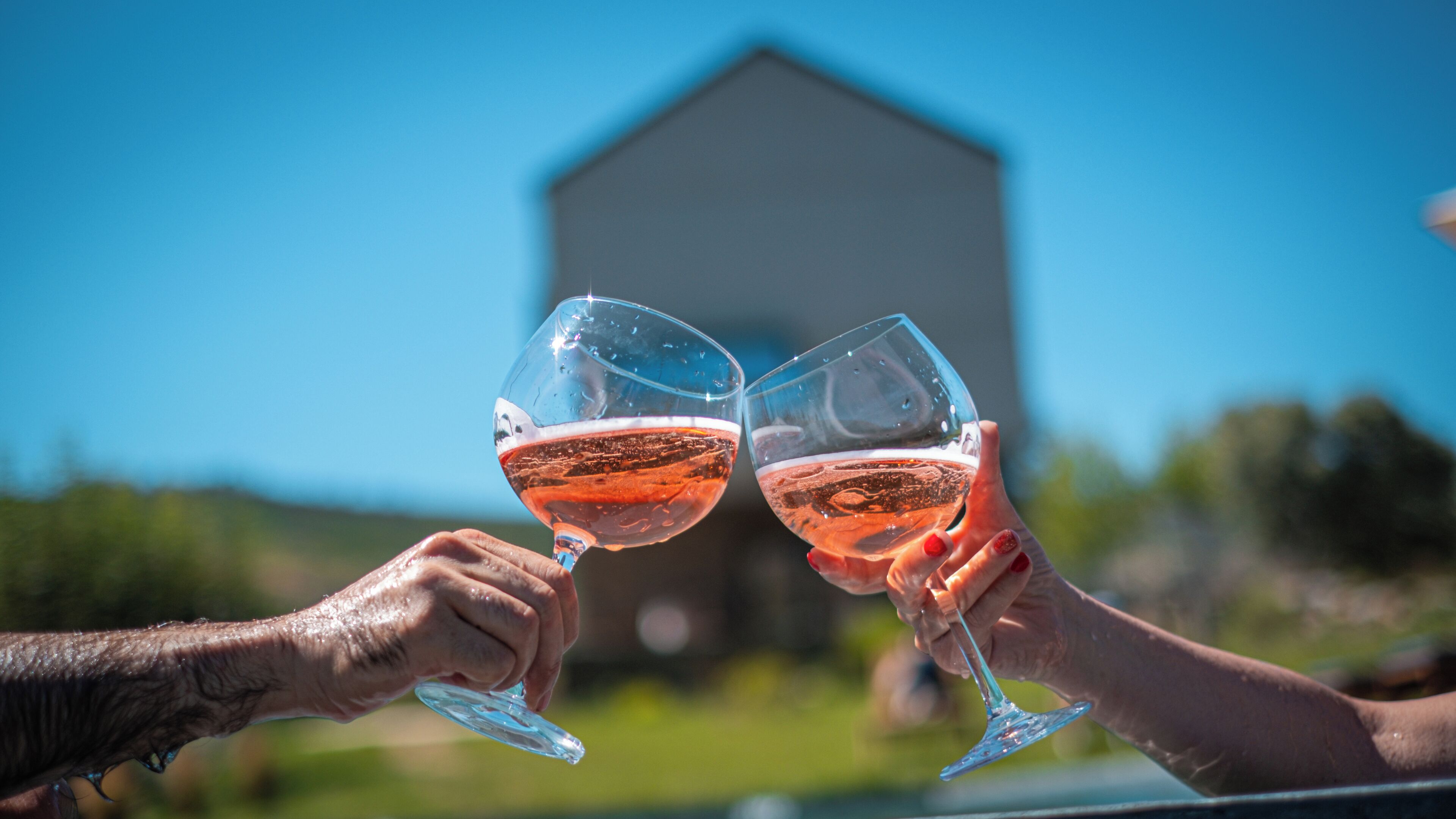 Duas pessoas brindando com taças de vinho, céu claro e um edifício ao fundo.