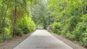 Um caminho de concreto ladeado por folhagem verde densa, conduzindo a uma construção distante.