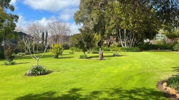 Um jardim bem cuidado, com diversas árvores e arbustos, céu claro e gramado.