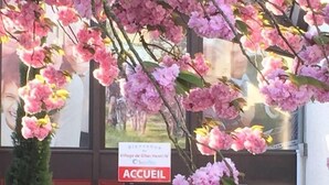 A hotel entrance with a sign reading "ACCUEL" and a welcome sign for "Village de Gites Huil".