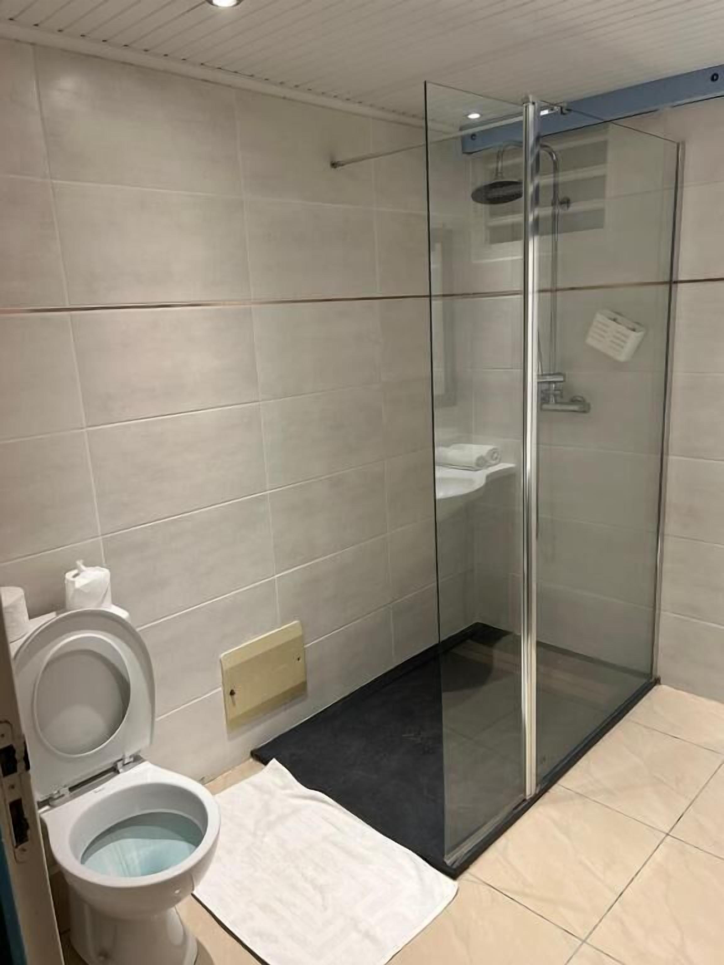 Casa de banho com sanita, chuveiro com cabine de vidro e um tapete branco no chão.