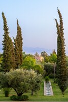 Um jardim com altas árvores cipreste, um elemento aquático e um edifício ao fundo.