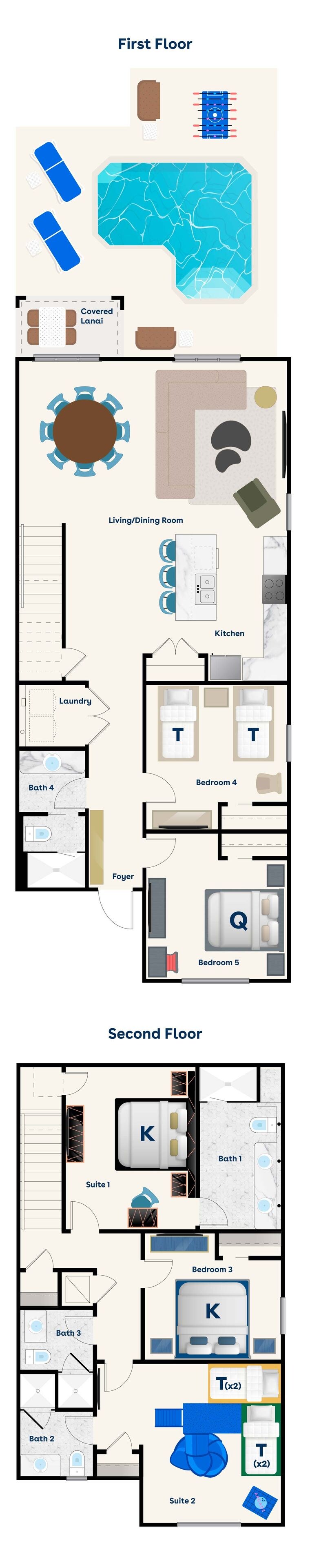 Planta baixa de um hotel com piscina, varanda coberta, sala de estar/jantar, cozinha, quatro quartos, dois banheiros e duas suítes.