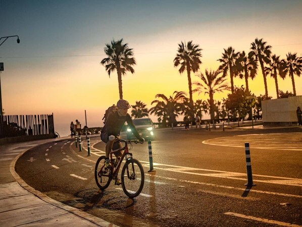 Um ciclista pedala em uma estrada molhada ao pôr do sol, com palmeiras ao fundo.