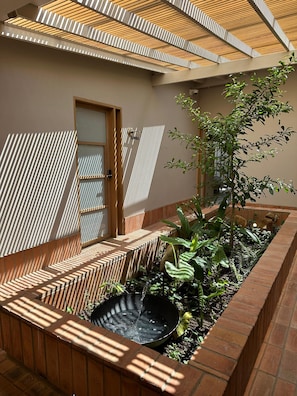 Uma área externa moderna com um banco de madeira, um jardim com várias plantas e um recurso de água.