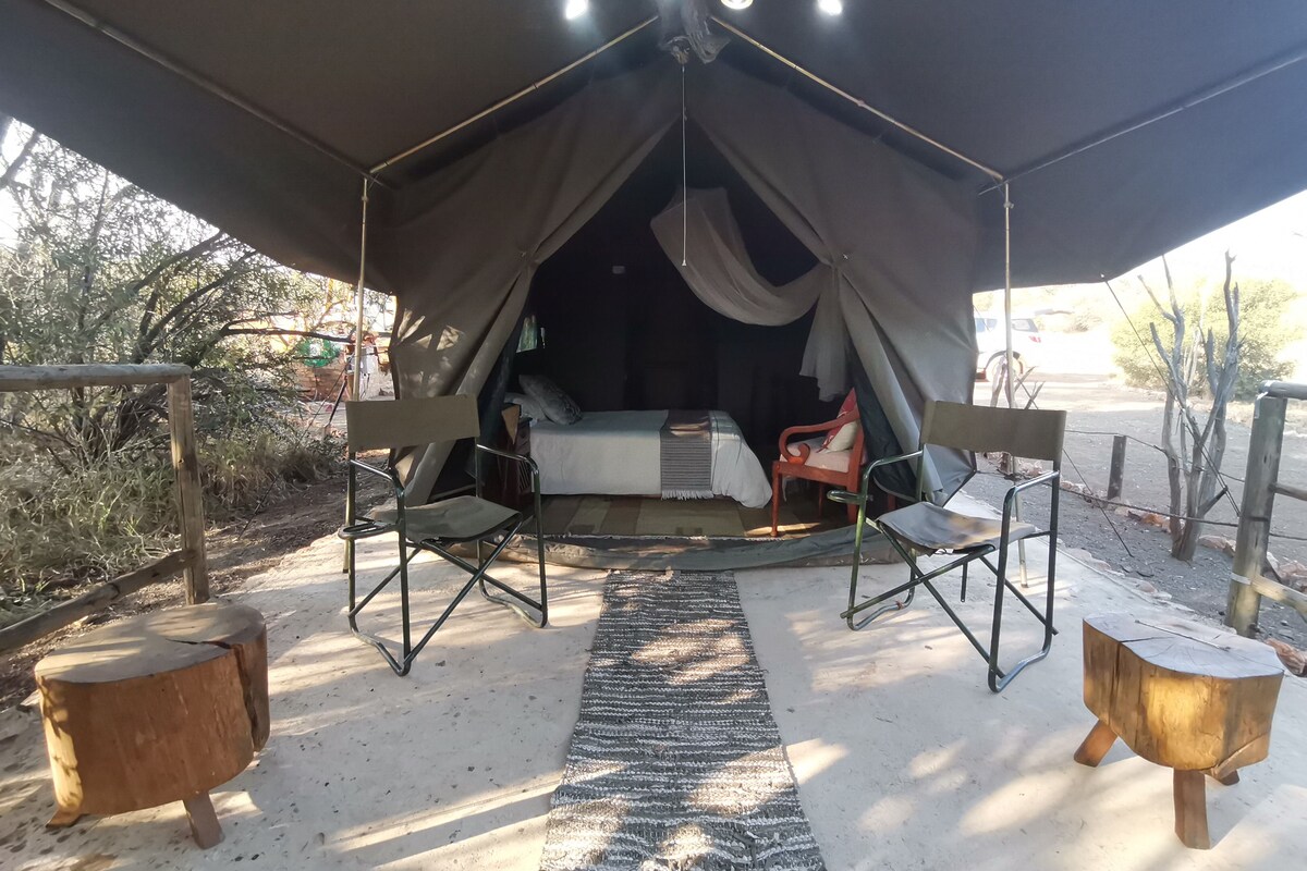 Acomodação em tenda com uma cama, duas cadeiras e uma pequena mesa.
