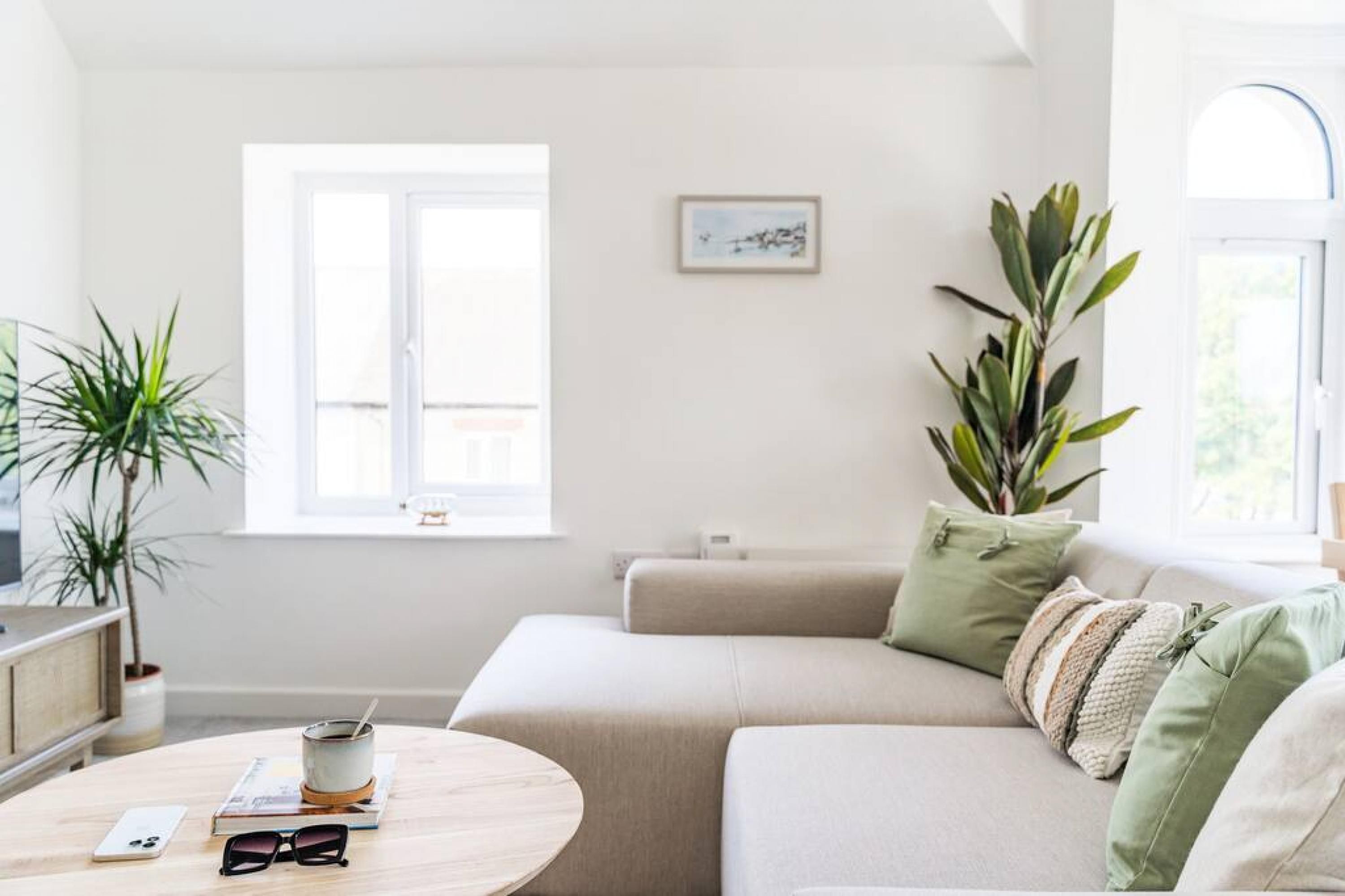 Uma sala de estar moderna com um sofá bege, uma mesa de centro com uma xícara e copos, e duas plantas em vasos.
