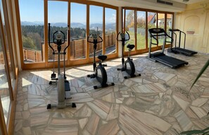 Ginásio em casa com equipamentos de exercício e vista panorâmica através de amplas janelas.