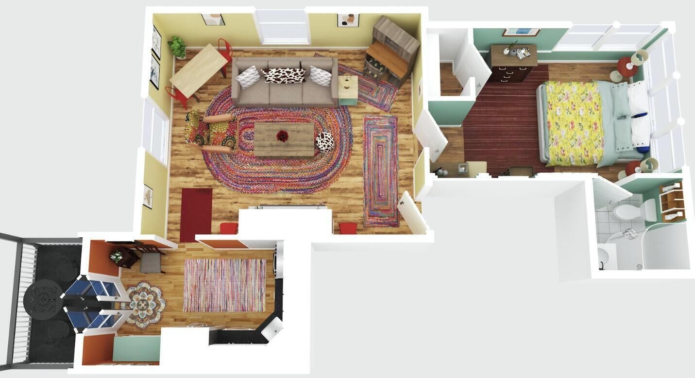 Planta de apartamento com vários cômodos, incluindo sala de estar, quarto e banheiro.