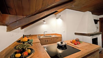 Apartamento Standard, vários quartos (Appartamento La Fontaine Ski In Ski) | Cozinha privada | Um frigorífico, um forno, uma placa de cozinha