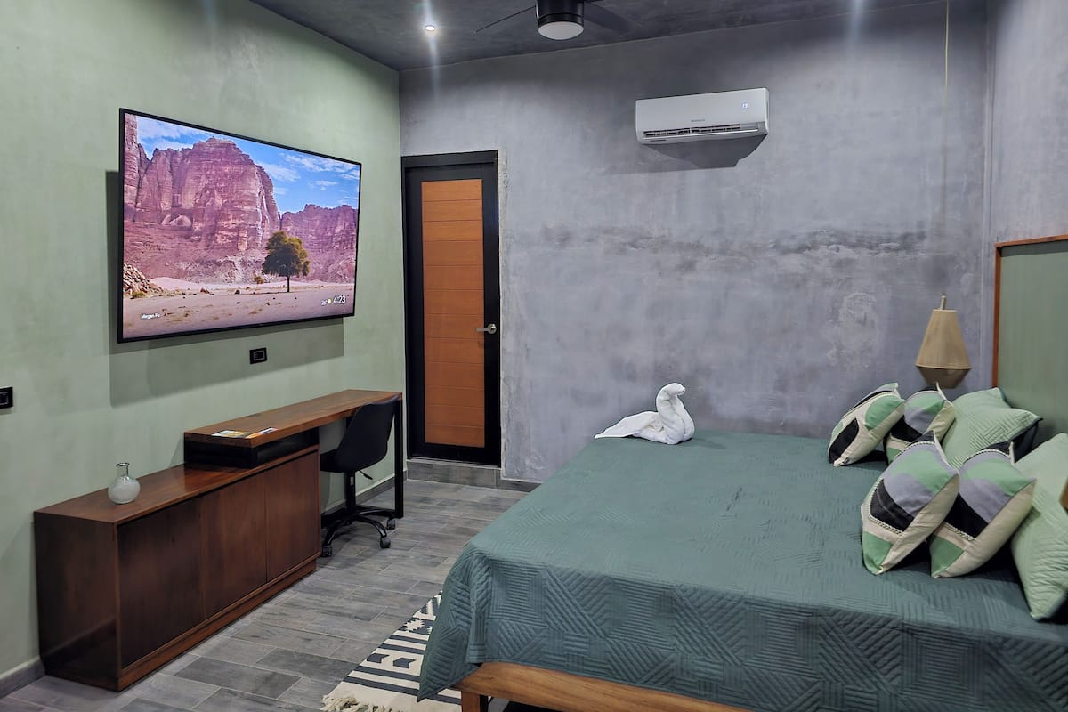 Quarto com cama, escrivaninha, televisão e ar condicionado.