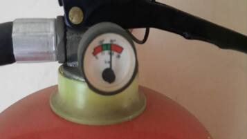 Um extintor de incêndio vermelho com um medidor de pressão e uma alça preta.