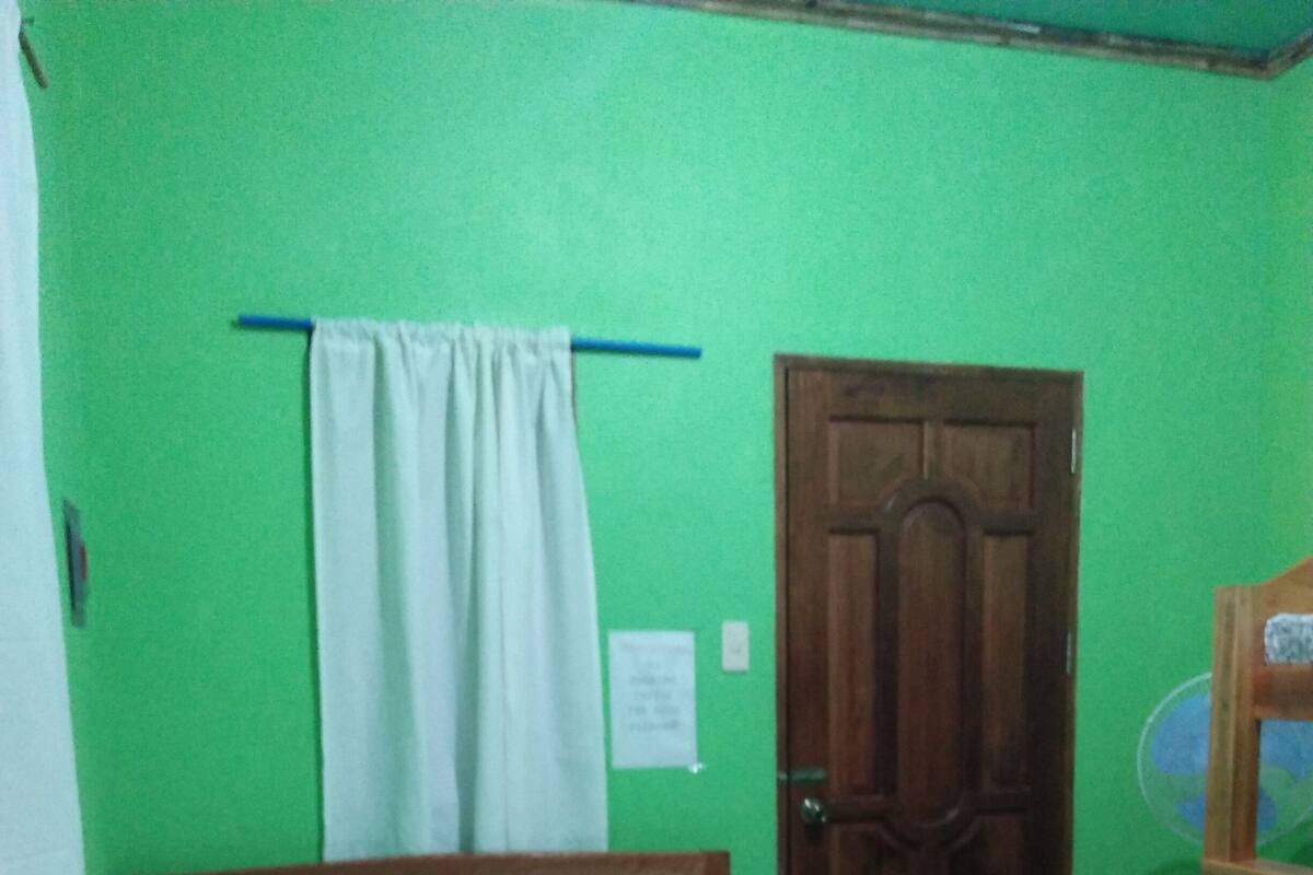 Quarto com uma cama, porta de madeira, estrutura de cama de metal verde e cortina branca.