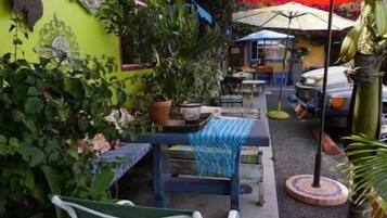 Uma área de pátio externa com uma cadeira verde, uma mesa com toalha de mesa azul e diversos vasos de plantas.