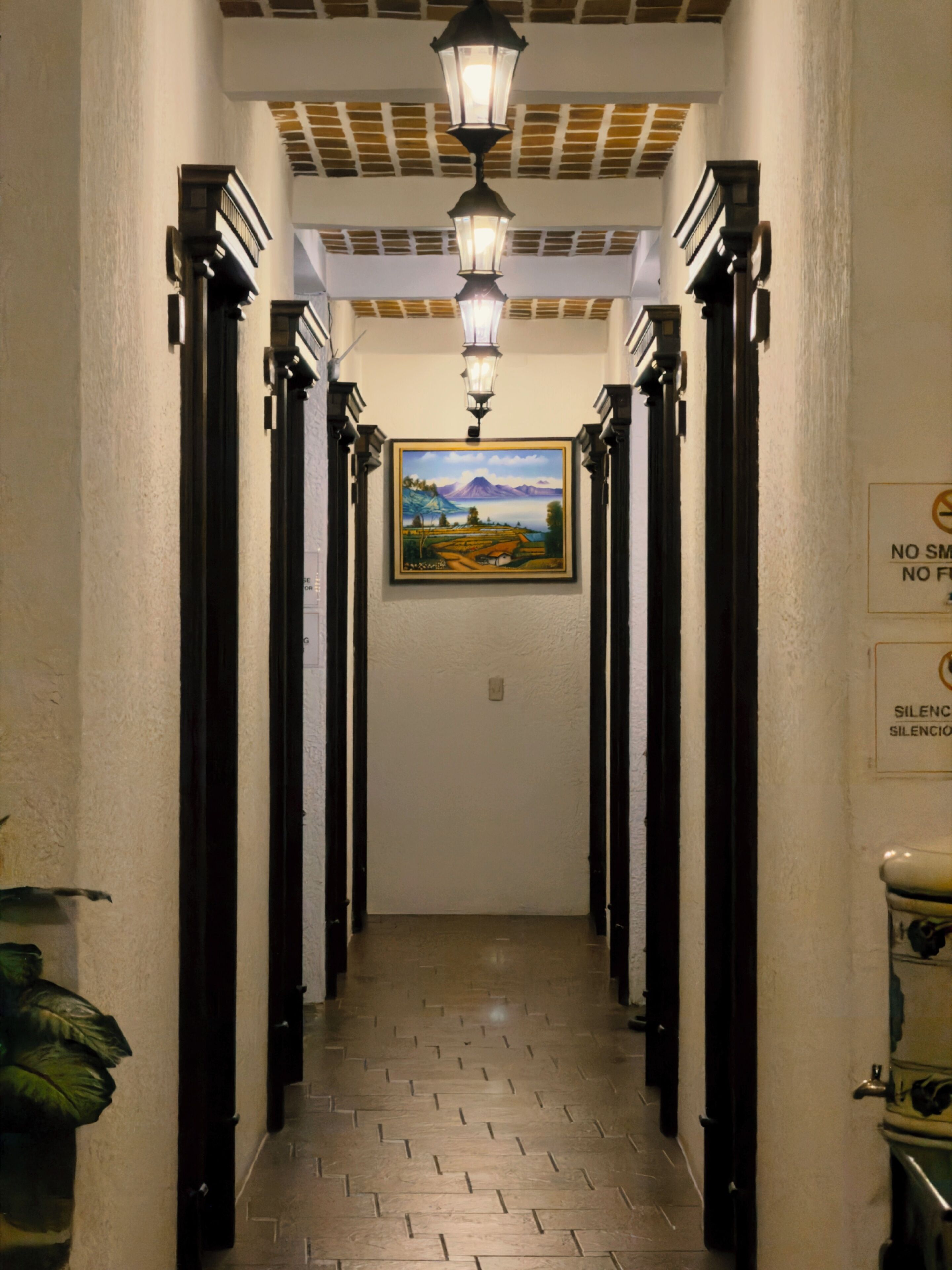 Um corredor com piso estampado, um quadro na parede e um luminário acima.