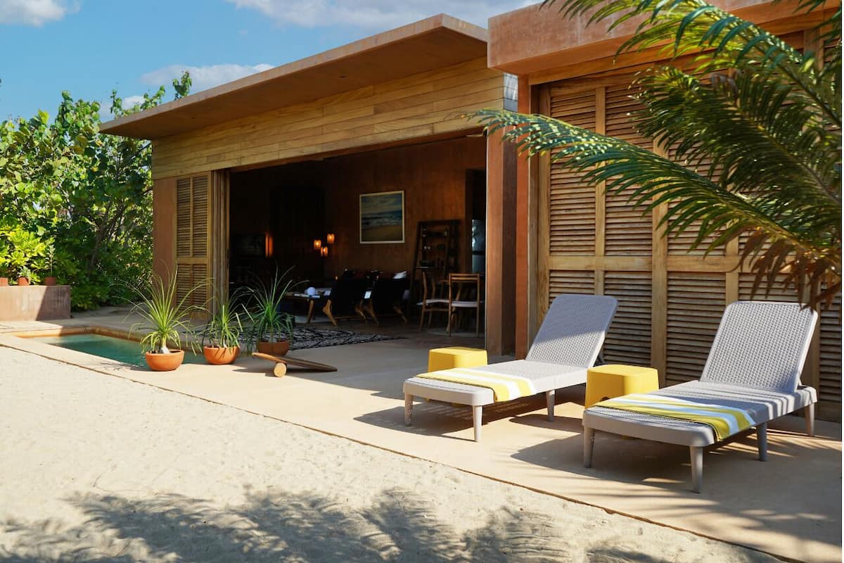 Uma área na piscina com espreguiçadeiras e plantas em vasos.