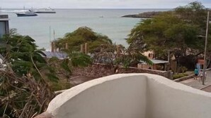 Uma varanda com cadeira de plástico e almofada colorida, com vista para uma área costeira com barcos e vegetação.