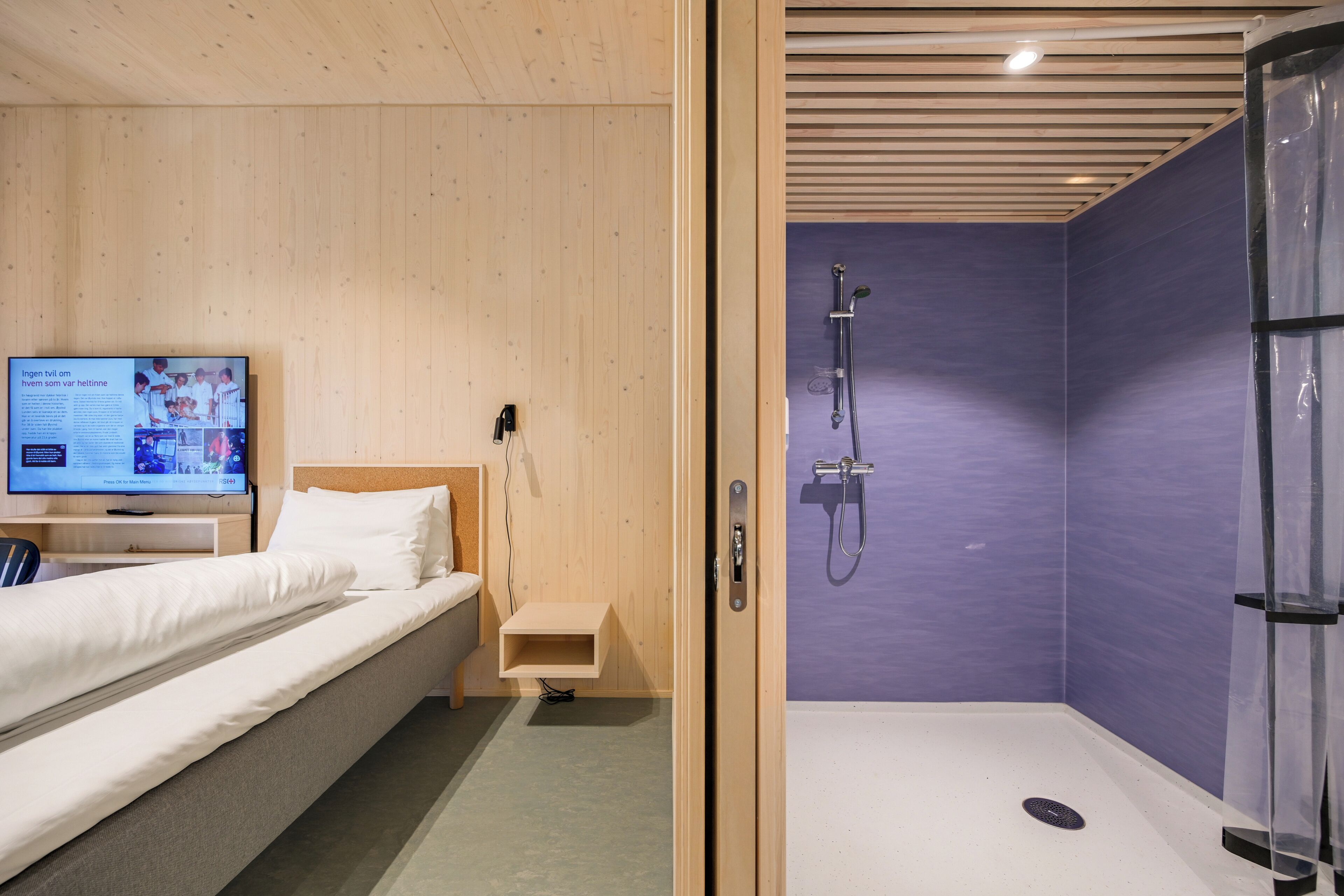 Quarto de hotel moderno com cama, televisão, painel de parede de madeira e área de chuveiro.