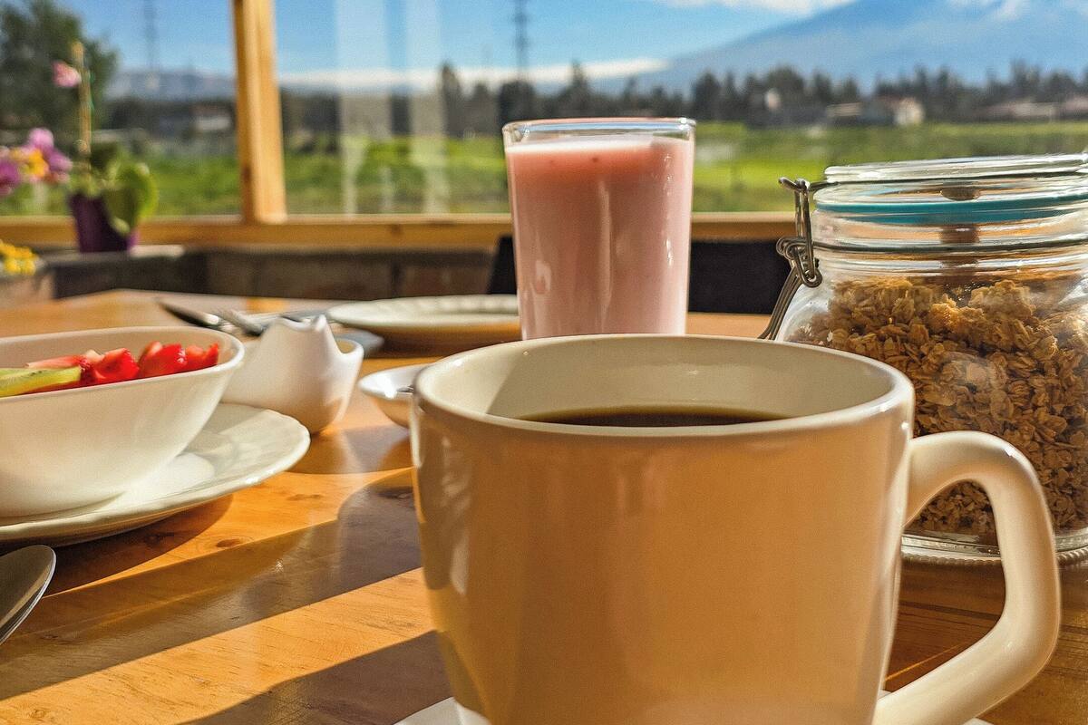 Uma chávena de café sobre um pires, com um copo de smoothie rosa ao fundo, uma tigela de cereais e vista para uma montanha pela janela.