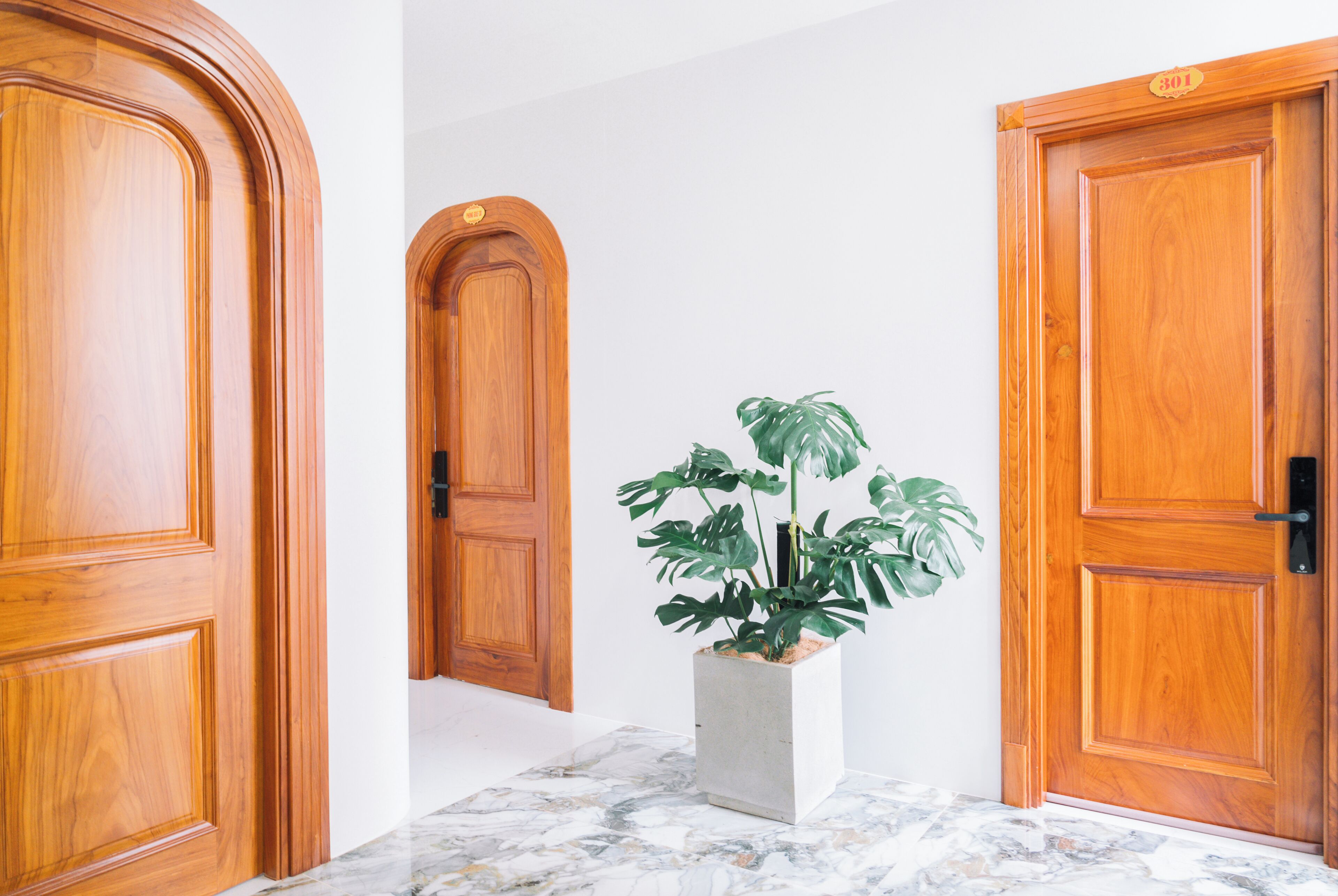Corredor com portas de madeira, um vaso de planta e piso de mármore.