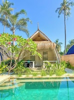 Uma cabana com telhado de palha, piscina e vegetação tropical.
