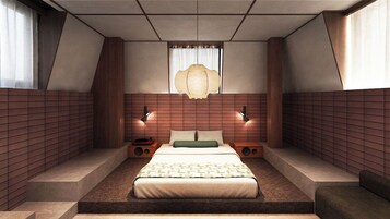 Um quarto moderno com uma cama grande, duas mesas de cabeceira, uma luminária na parede e uma janela com cortinas.