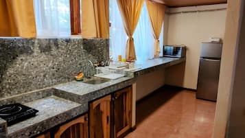 Um frigorífico, um micro-ondas, uma placa de cozinha