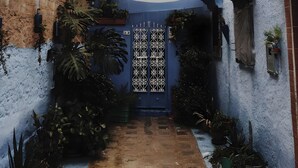 Um beco estreito com um edifício azul, um edifício branco e um portão com detalhes em metal.