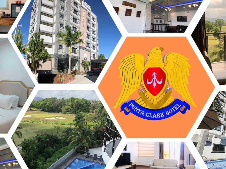 Hotel com design moderno, exibindo um logotipo com um emblema de pássaro, área de piscina e vista para um campo de golfe.