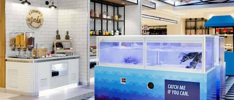 Um espaço interior moderno com chão xadrez, balcão com potes de lanches e um aquário azul.