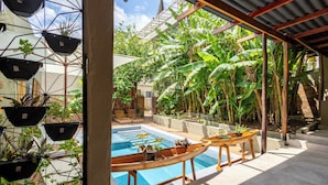 Área de piscina com barco de madeira e espreguiçadeiras, cercada por vegetação exuberante e plantas em vasos.