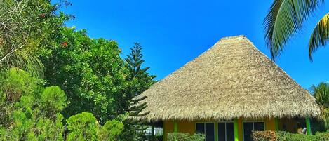 Uma casa com telhado de palha, gramado bem cuidado e vegetação ao redor.