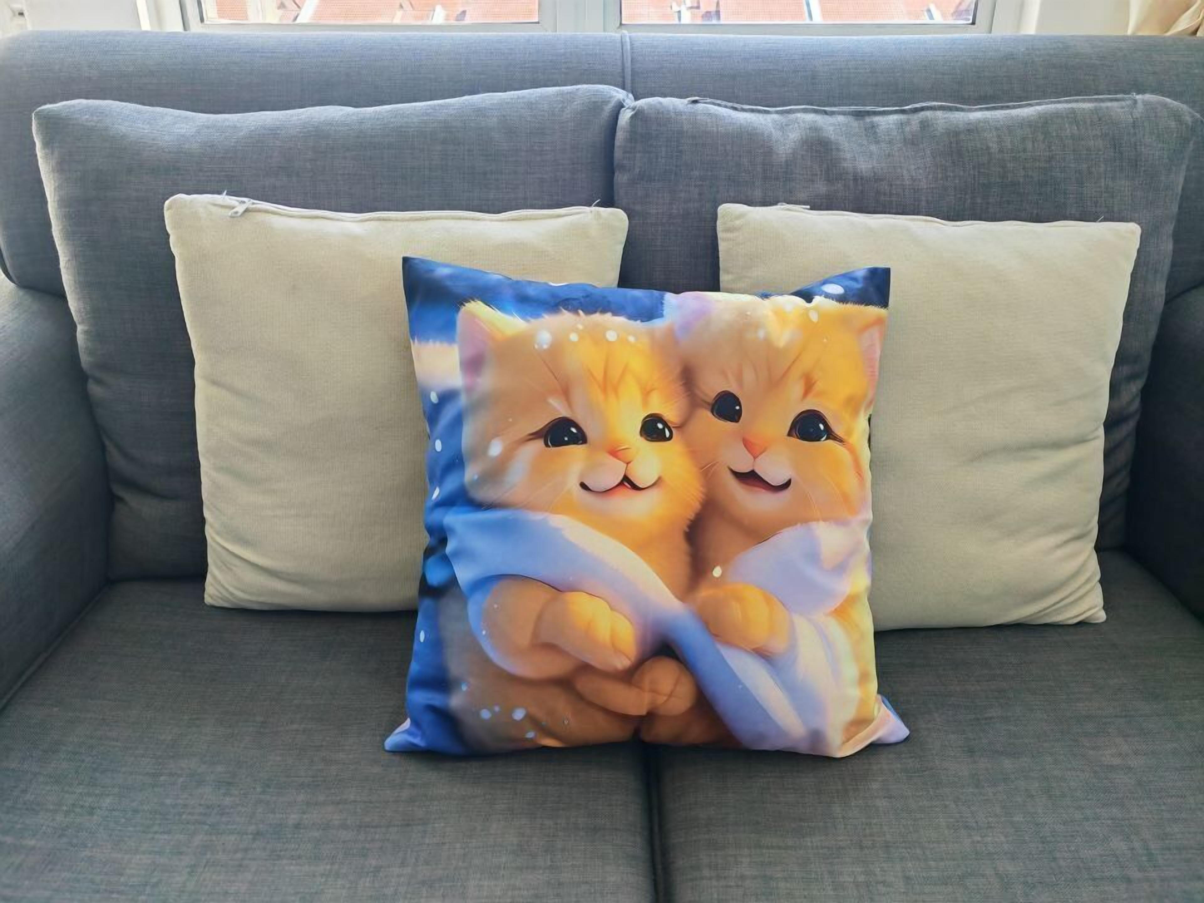 Um sofá cinzento com duas almofadas bege e uma almofada decorativa com gatinhos.