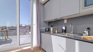 Apartamento, 1 quarto, terraço | Cozinha privada | Um frigorífico, um micro-ondas, uma placa de cozinha